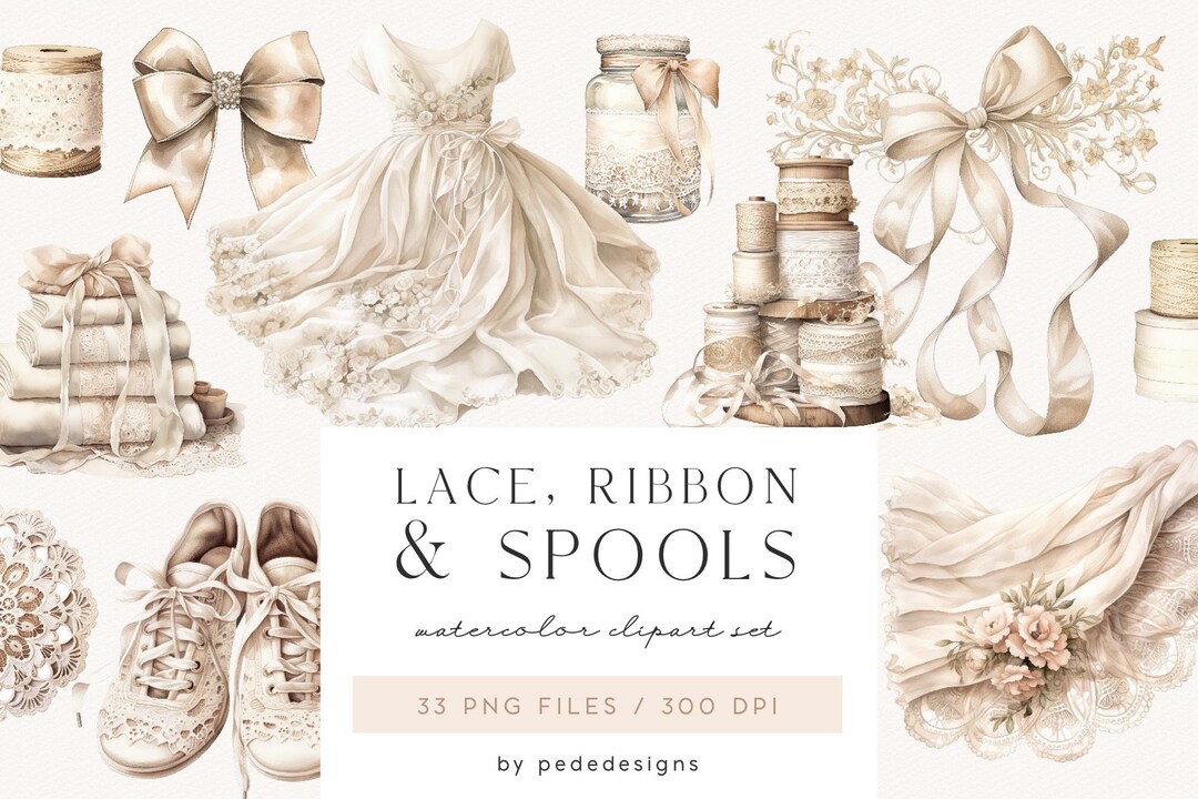 Watercolor Lace, Ribbon & Spools, Watercolor Sewing Clipart, Spool of ...
