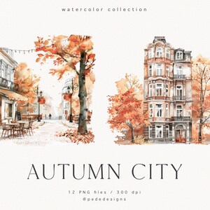Autumn City Clip Art Set, Autumn Town, Watercolor Fall Scenery, Autumn ...