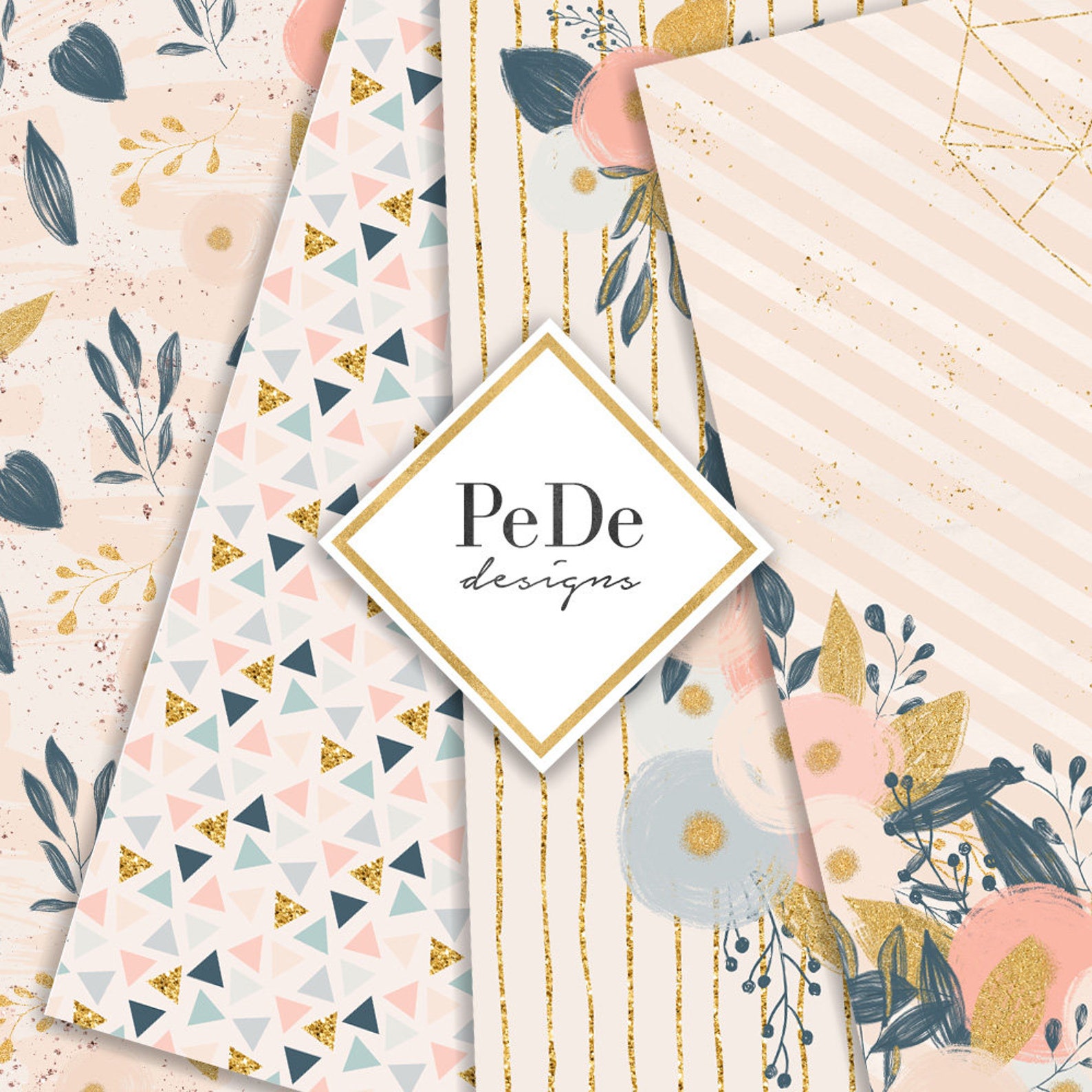 Classy Floral Digital Papers, Gold Glitter, Geometric Pattern, Hand ...