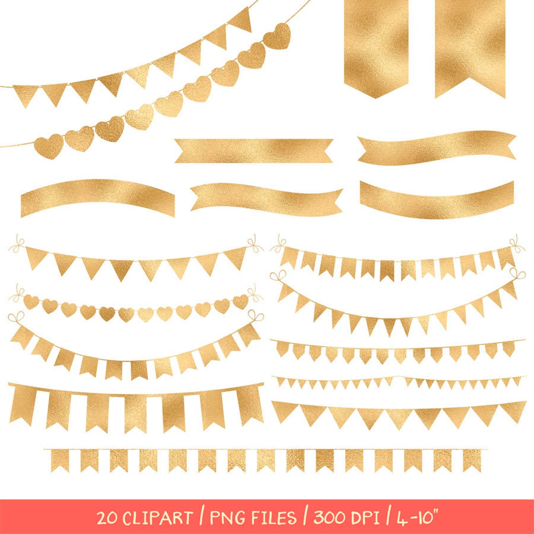 Gold Foil Bunting Banners Clipart, Bunting Clipart, Golden Ribbon, Gold ...