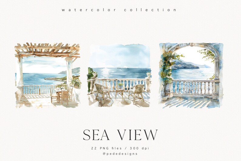 Sea View Illustration, Watercolor View Clipart, Travel Graphics, Summer ...