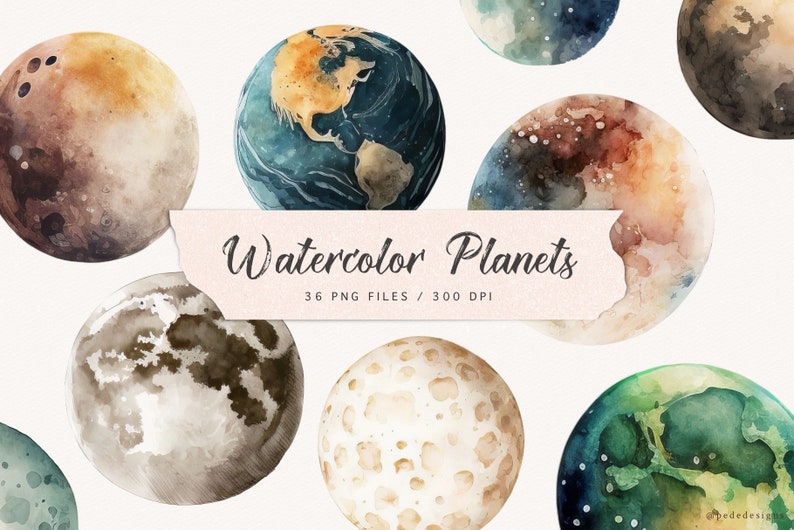 Watercolor Planet Clip Art Planets Clipart Solar System - Etsy