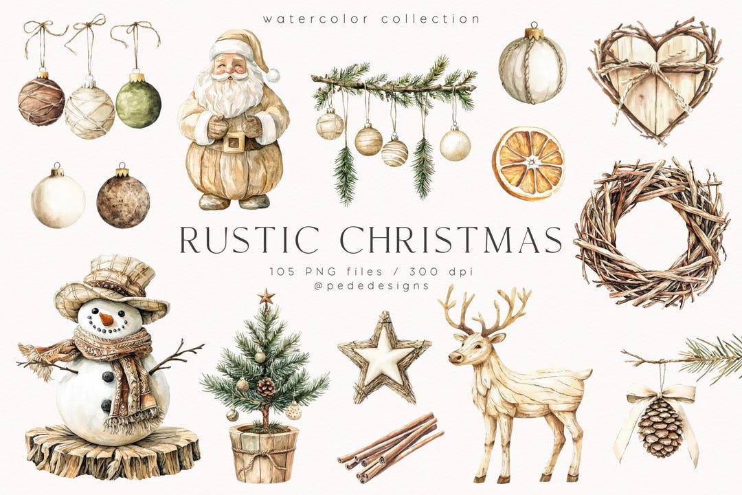 Rustic Christmas Clipart Bundle: Watercolor Xmas Ornaments (digital ...