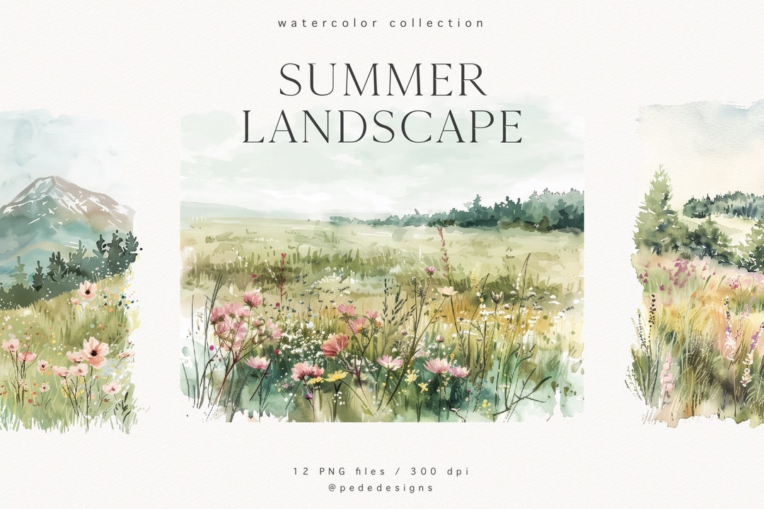 Watercolor Summer Landscape Clipart: Meadow, Mountains, Floral Field ...