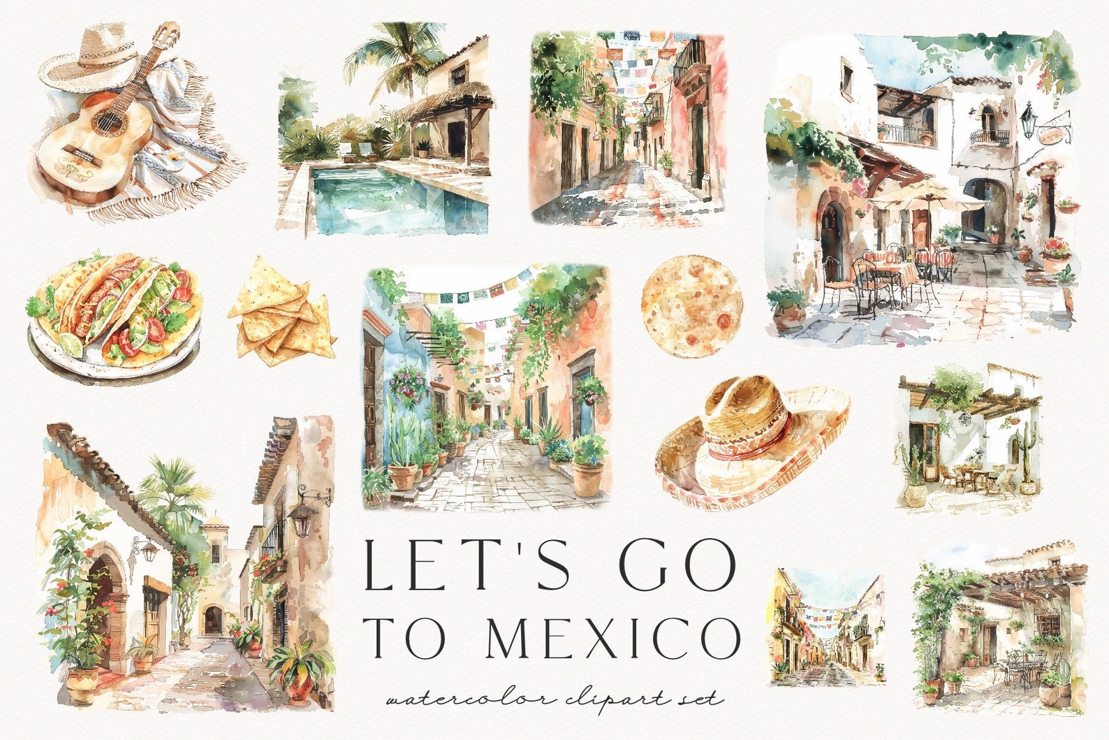 Let's Go to Mexico, Watercolor Summer Clipart, Travel, Mexican ...