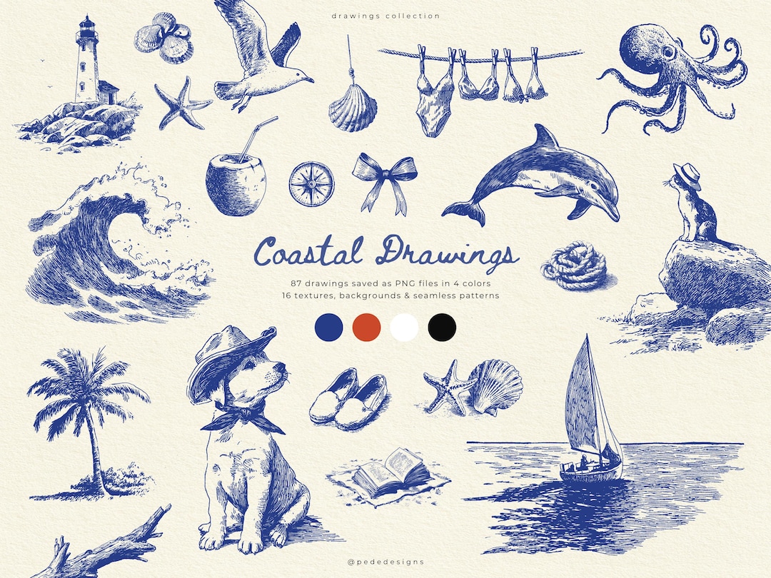 Vintage Coastal Clipart | Nautical Engraving Illustrations | Beach Line ...