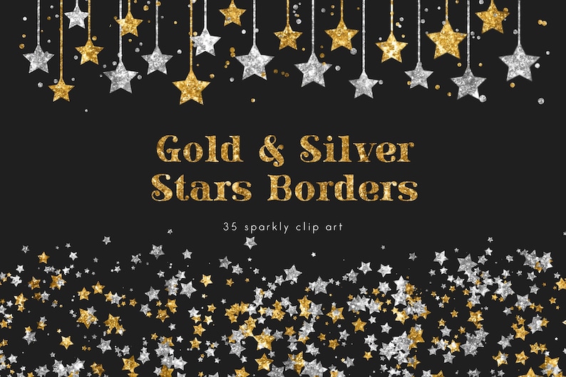 Gold & Silver Borders Stars Png Glitter Clip Art Moon and - Etsy