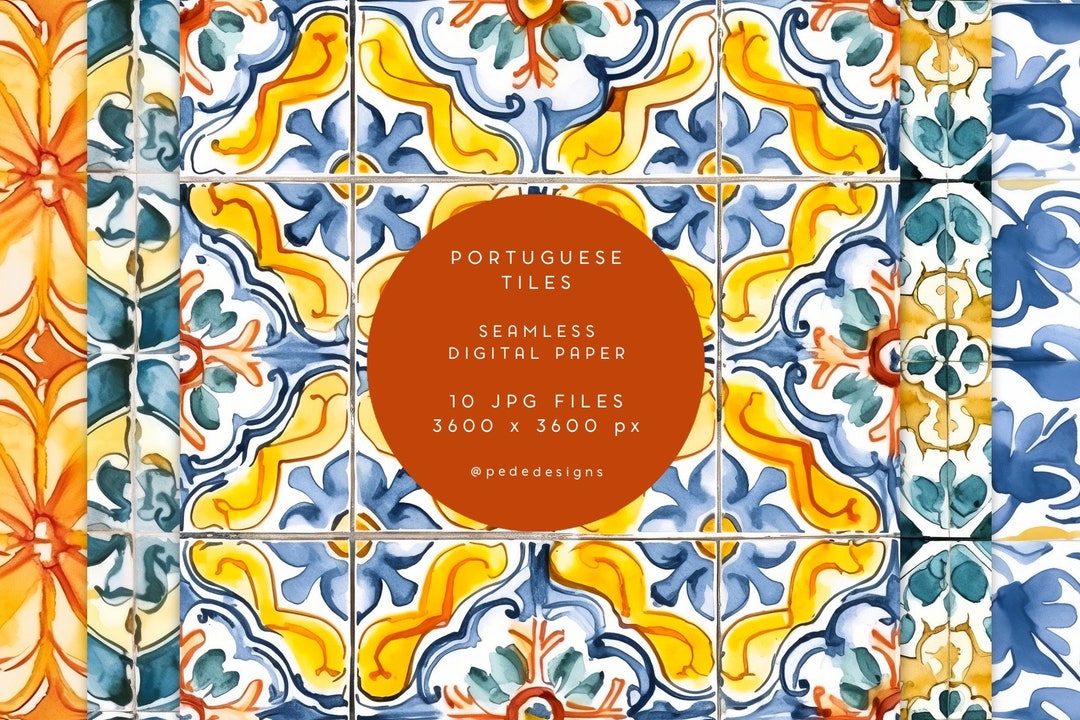 Watercolor Portuguese Tile Digital Paper, Mediterranean Style, Mosaic ...