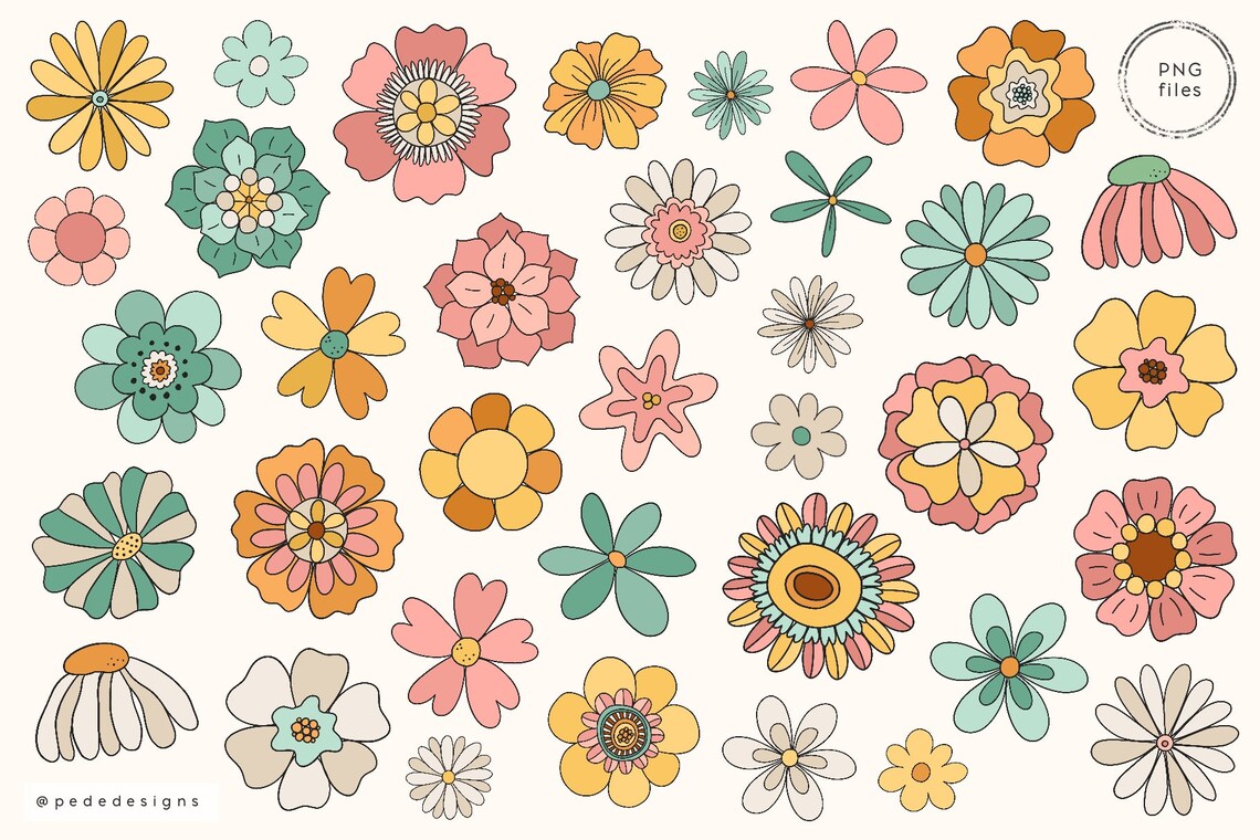 Groovy Flowers & Leaves Retro Clip Art Happy Face Hippie - Etsy Australia