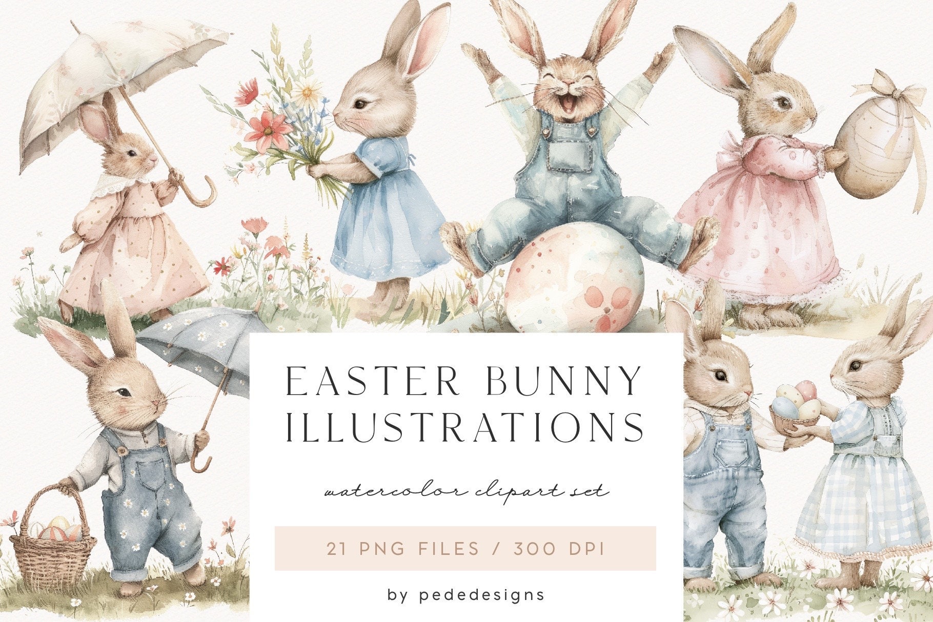 Watercolor Easter Bunny Clipart Set, Spring Animals PNG Graphics ...
