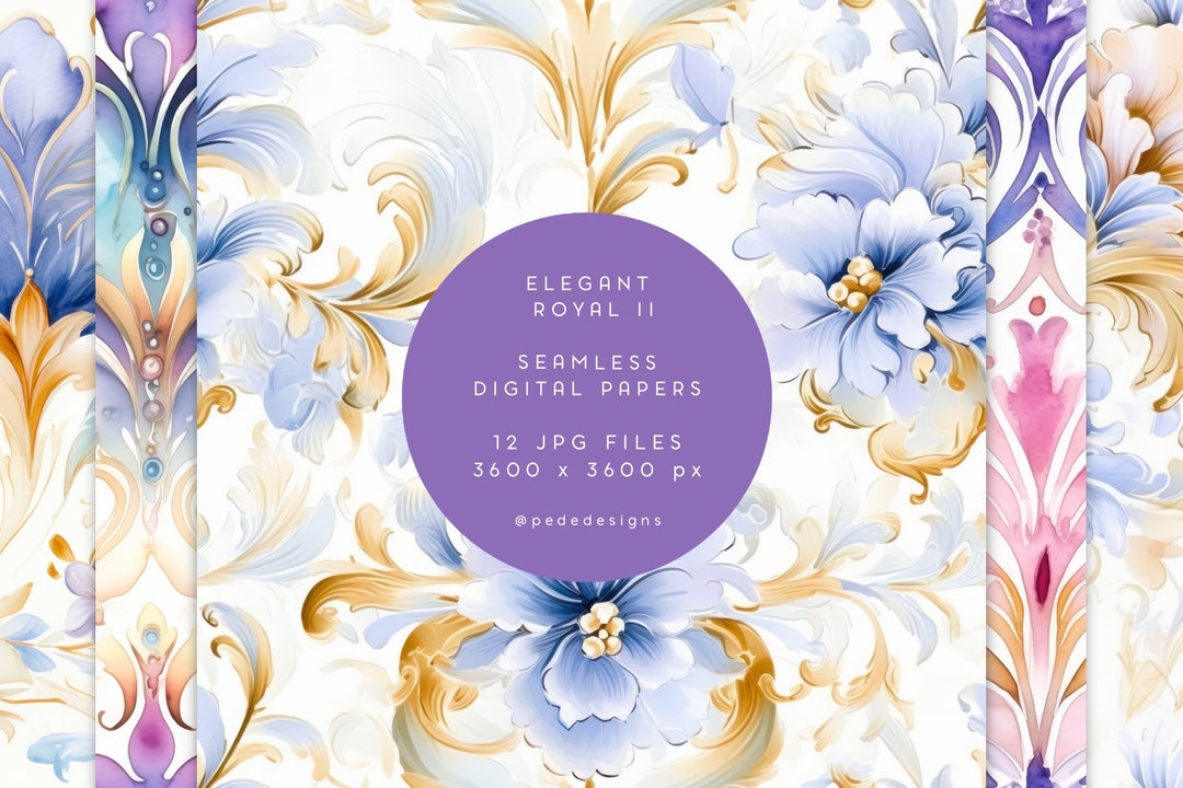 Elegant Royal Digital Paper Pack, Watercolor Seamless Papers, Damask ...