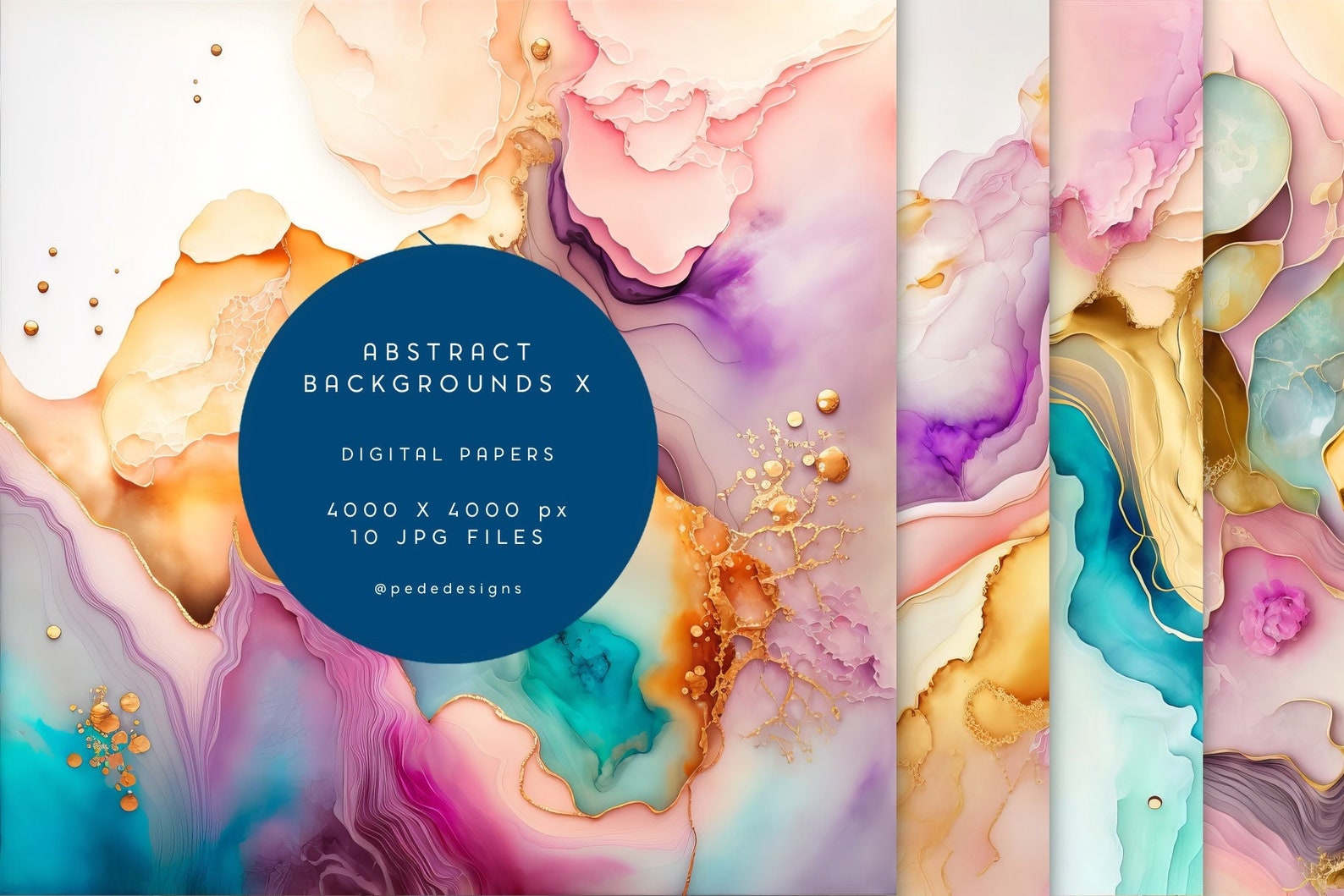 Abstract Backgrounds, Digital Paper Pack, Alcohol Ink Art, Gold, Pastel ...