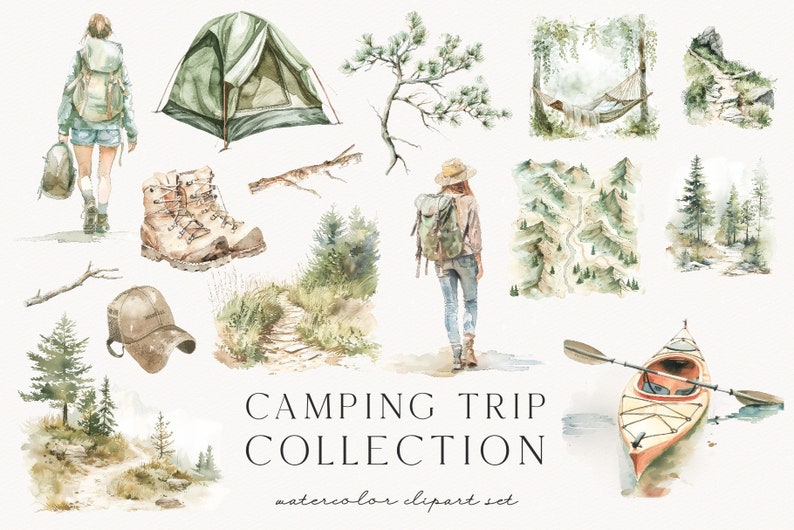 Camping Trip Collection, Watercolor Clipart, Fishing Png, Travel Png ...
