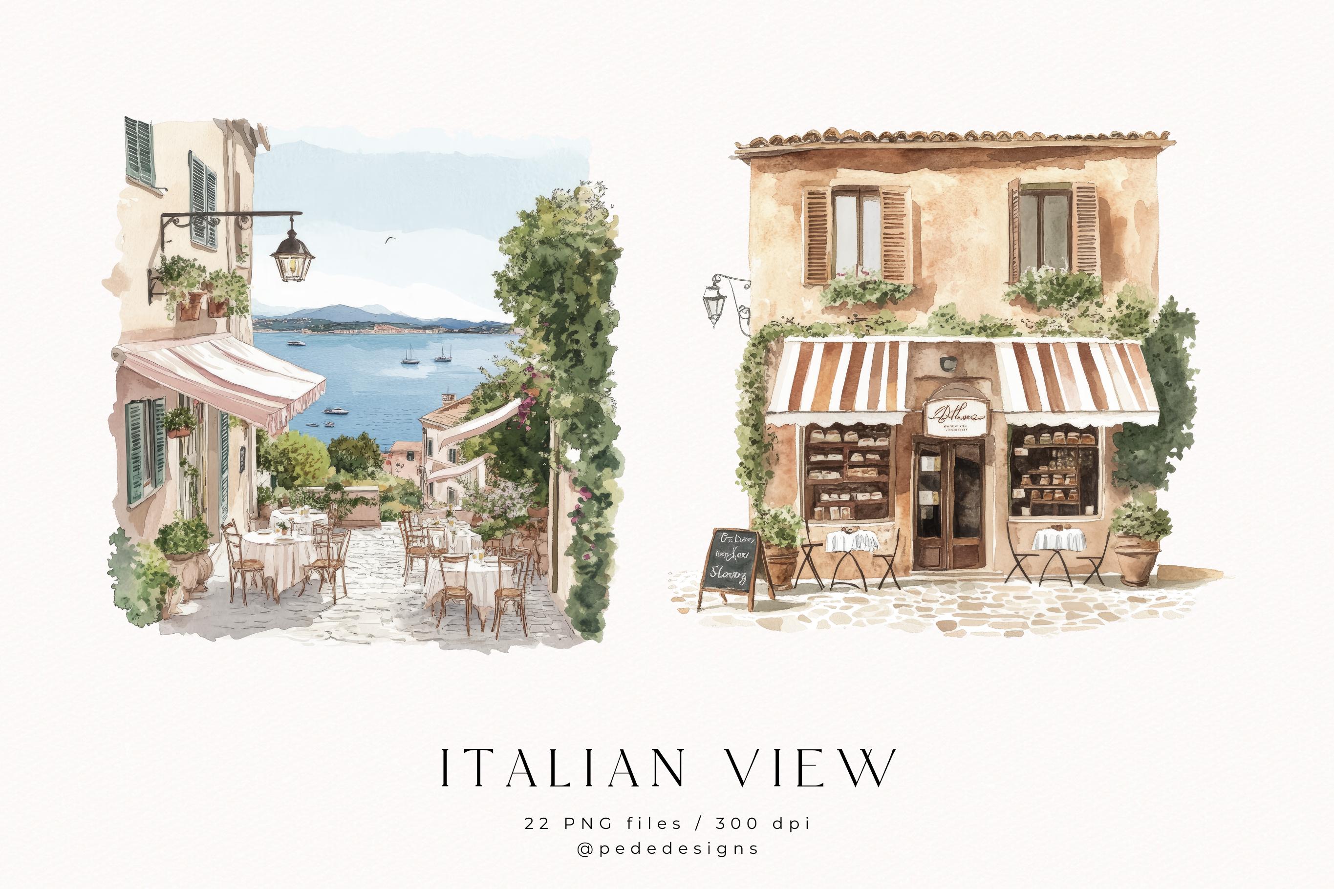 Watercolor Italian Coastal Clipart: Summer Travel Landscape (PNG ...