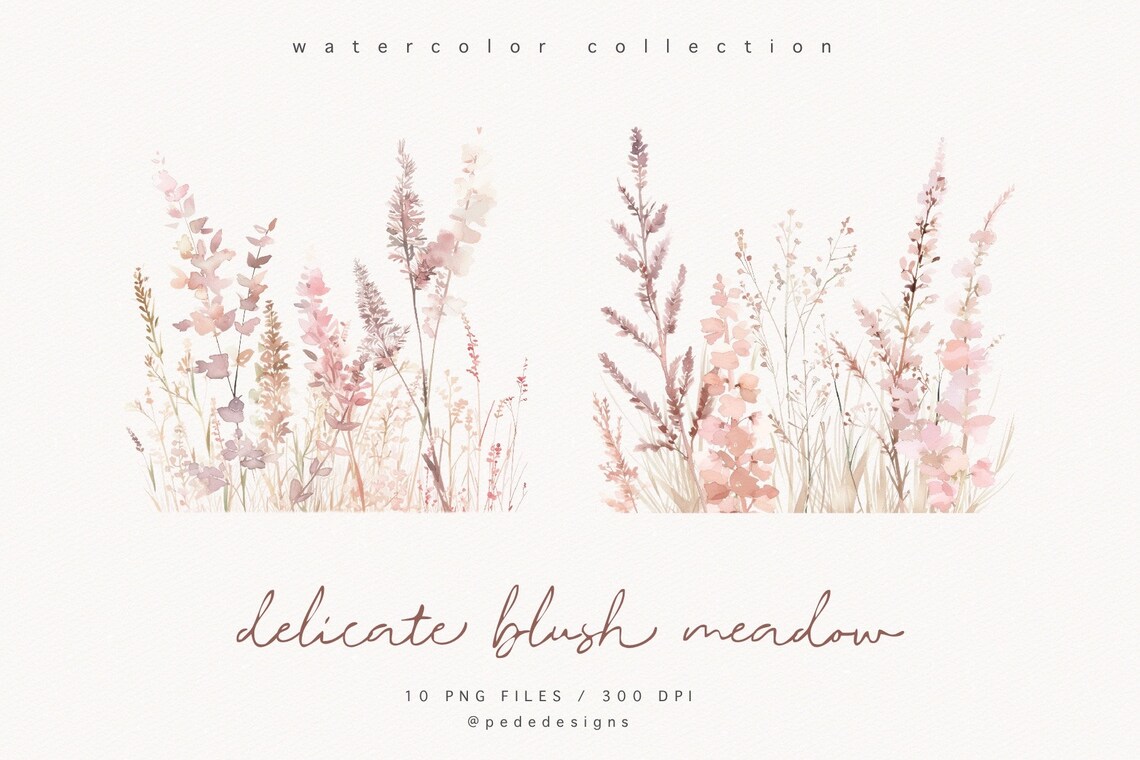 Delicate Blush Meadow, Watercolor Wild Flowers Clipart, Watercolor ...