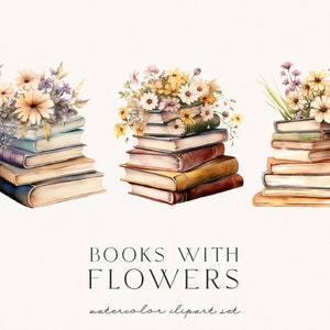 Books With Flowers, Watercolor Books Clipart, Floral Clipart, Reading ...