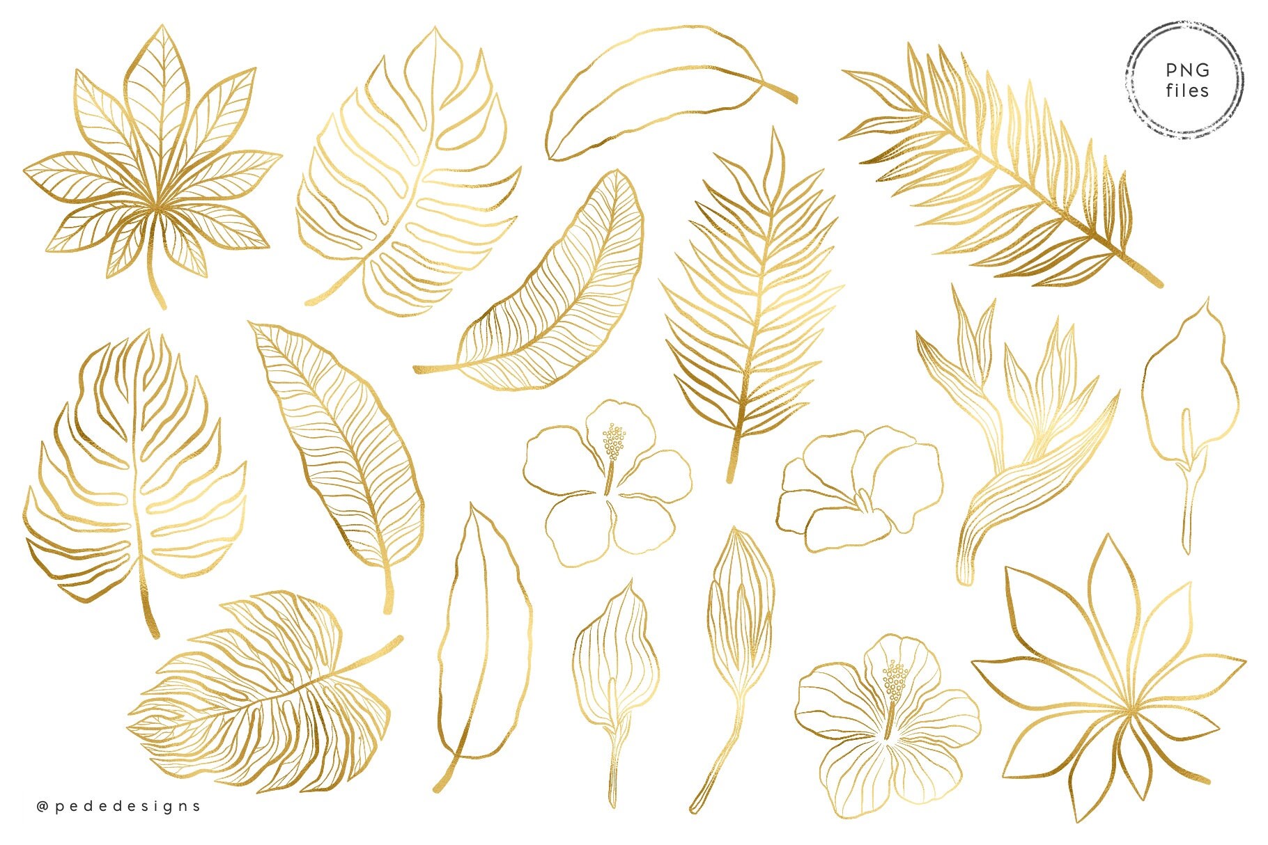 Gold Tropical Leaves Clip Art, Botanical, Monstera, Gold Foil, Hand ...