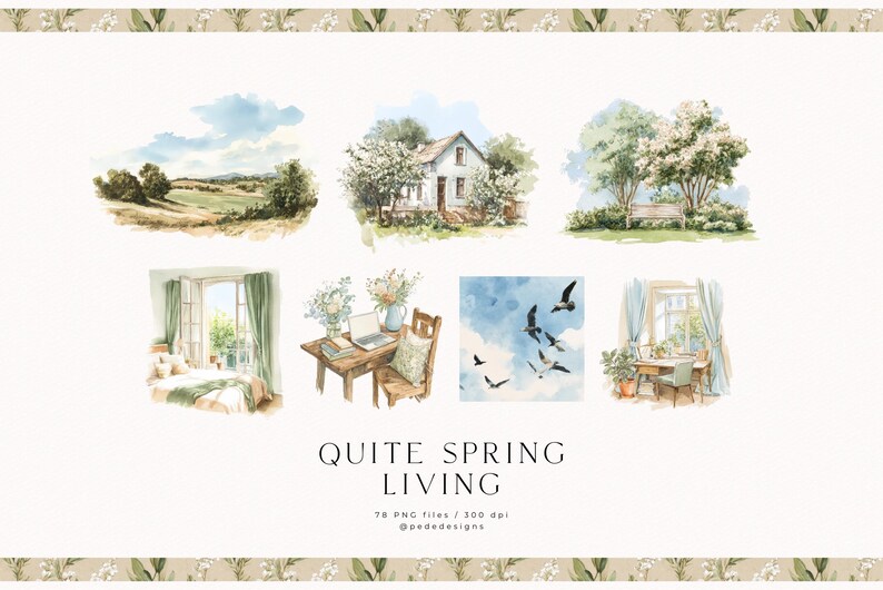 Quiet Spring Living Watercolor Illustrations | Cottagecore Home | Soft ...