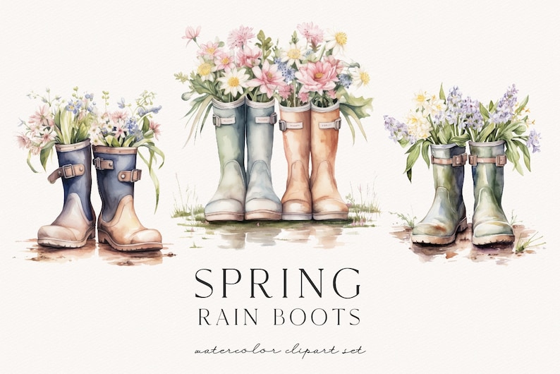 Spring Rain Boots, Watercolor Png Clipart, Spring Illustration, Garden ...