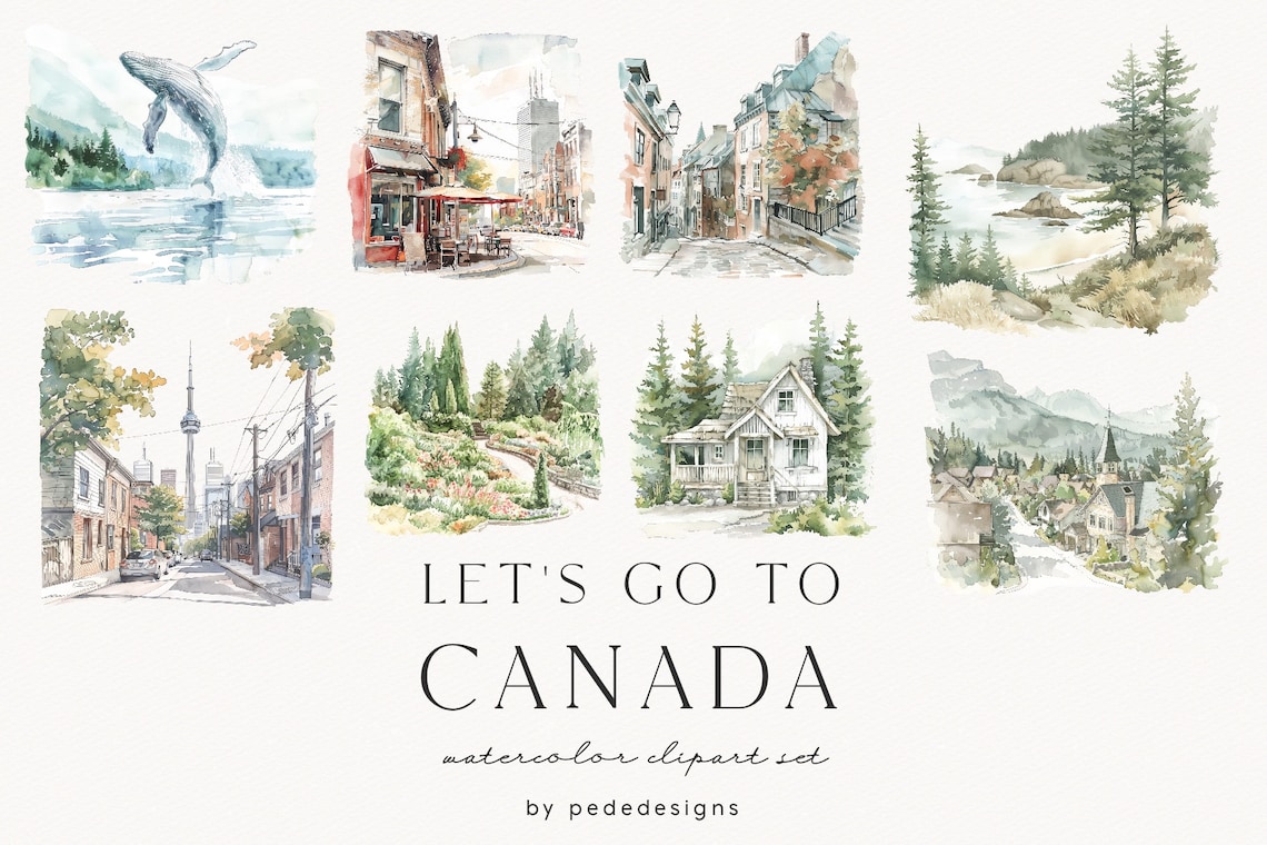 Let's Go to Canada, Watercolor Summer Clipart, Travel, Wild Life ...