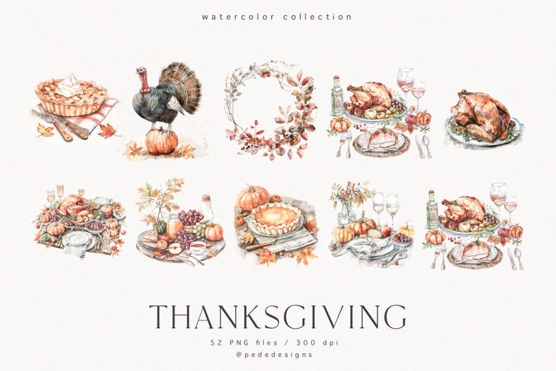 Thanksgiving Clip Art Set, Watercolor Fall Clipart, Food Graphics ...