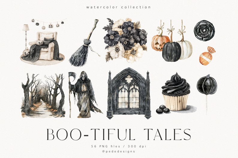 Boo-tiful Tales Clip Art Set, Watercolor Halloween Clipart, Scary ...