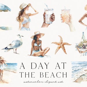 A Day at the Beach, Watercolor Summer Clipart, Travel, Girl Clipart ...