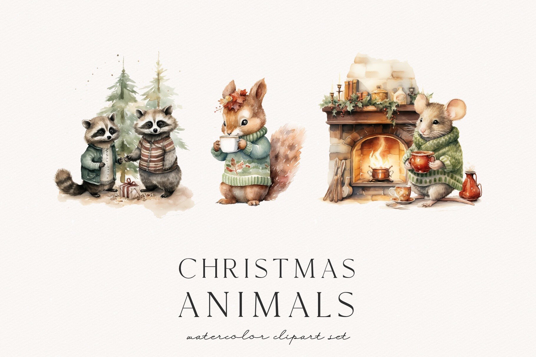 Christmas Animals Clipart, Watercolor Holidays, Winter Clipart, Rabbit ...