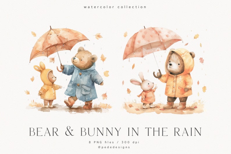 Bear & Bunny Watercolor Clipart Set: Rainy Day Nursery Art (digital ...