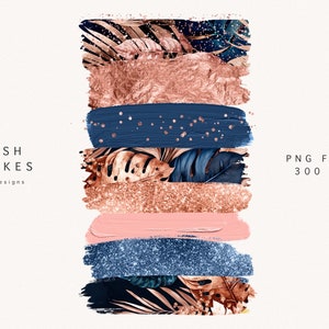 Brush Strokes Clipart, Tropical, Navy Blue, Rose Gold Foil, Blue ...