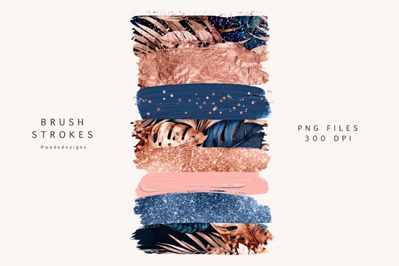 Brush Strokes Clipart, Tropical, Navy Blue, Rose Gold Foil, Blue ...