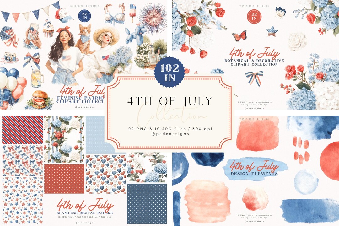 4th of July Watercolor Clipart Bundle | Feminine Americana PNG Graphics ...