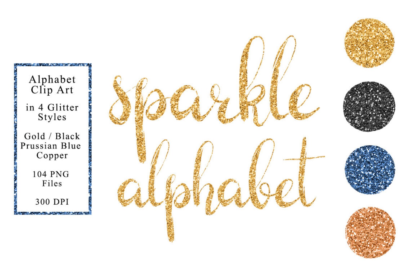 Sparkle Alphabet Clipart, 4 Colors, Gold, Black, Prussian Blue, Copper ...