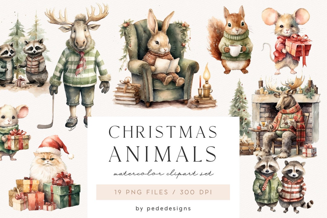 Christmas Animals Clipart, Watercolor Holidays, Winter Clipart, Rabbit ...