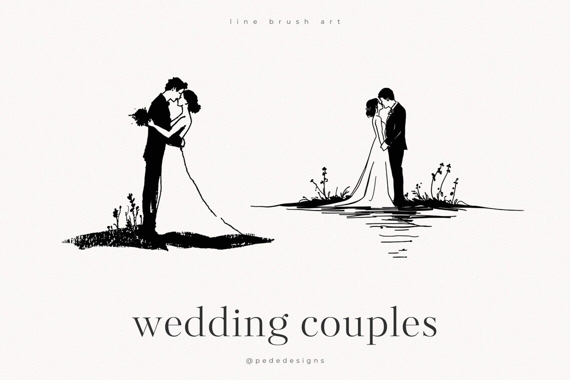 Line Brush Art, Wedding Couples Clipart, Love Png Graphics, Line Art of ...