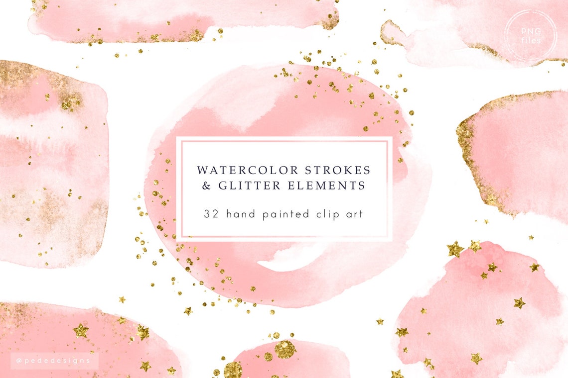Watercolor Strokes Clipart, Gold Glitter, Pink Watercolor Splash, Paint ...