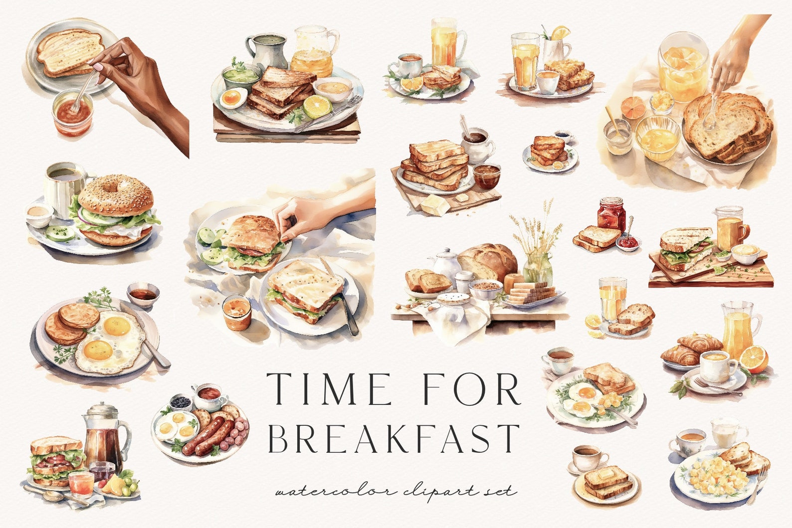 Time for Breakfast, Fresh Bread, Sandwich, Eggs, Food Graphics, Watercolor Breakfast, Scrapbook ...