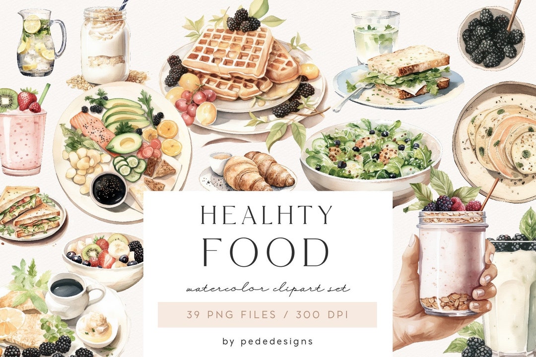 Healthy Food Clipart, Watercolor Food Clipart, Self Care Clipart, Vege ...