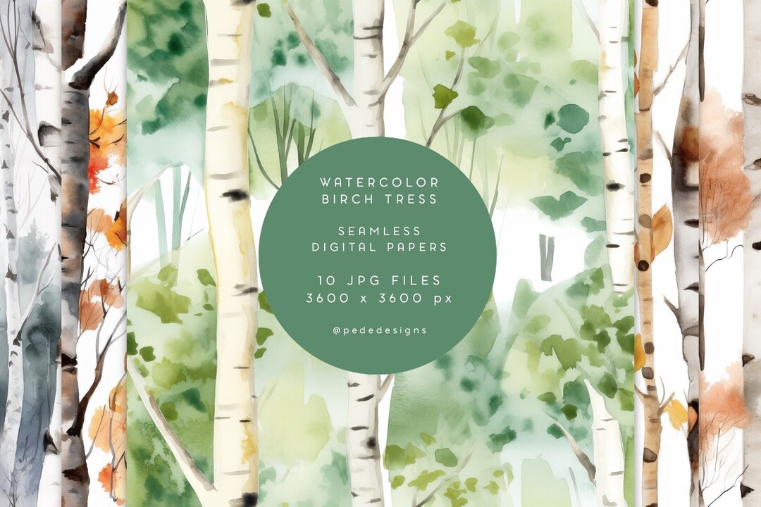 Watercolor Birch Trees Digital Paper, Forest Watercolor Pattern ...