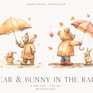 Bear & Bunny Watercolor Clipart Set: Rainy Day Nursery Art (digital ...