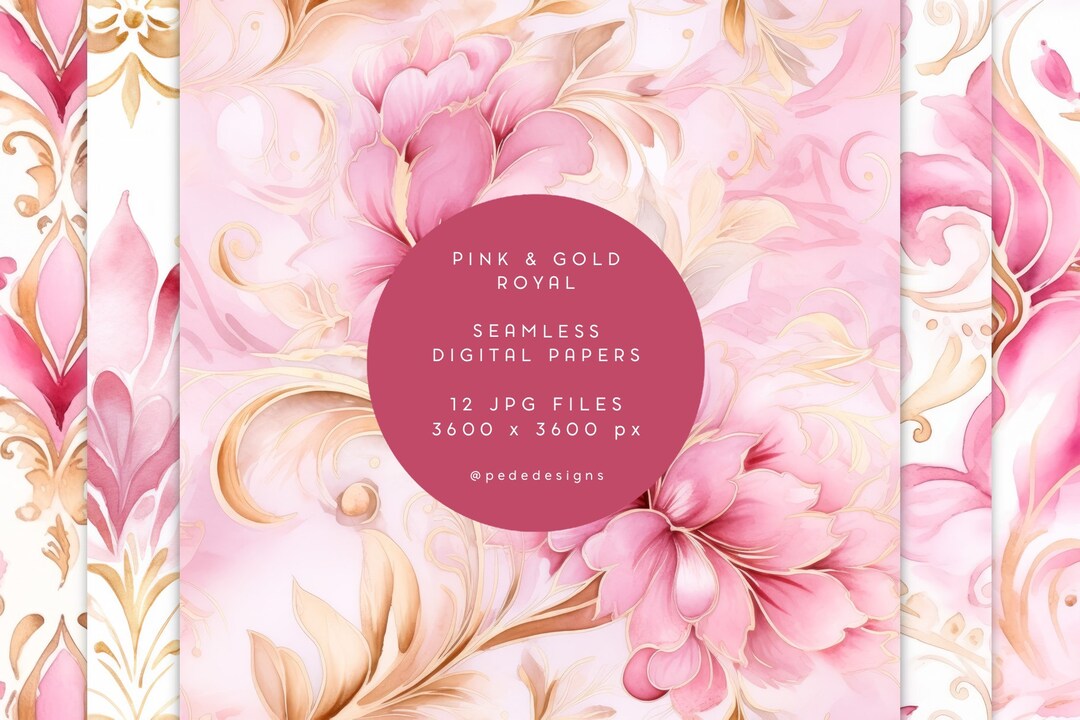 Pink & Gold Royal Digital Paper Pack, Watercolor Seamless Papers ...