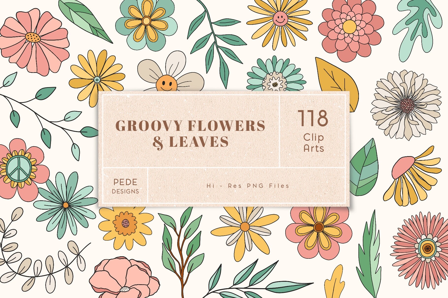 Groovy Flowers & Leaves, Retro Clip Art, Happy Face, Hippie Clipart ...