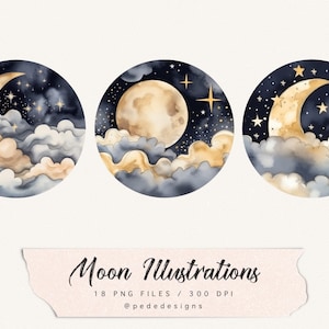 Watercolor Moon Illustrations, Moon Clipart, Night Sky, Moon & Stars ...