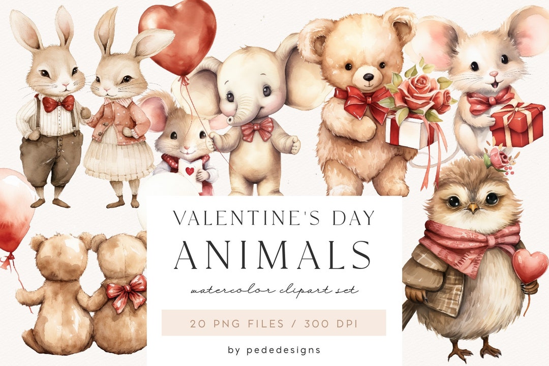 Watercolor Valentine's Day Clipart, Watercolor Baby Animals, Romantic ...