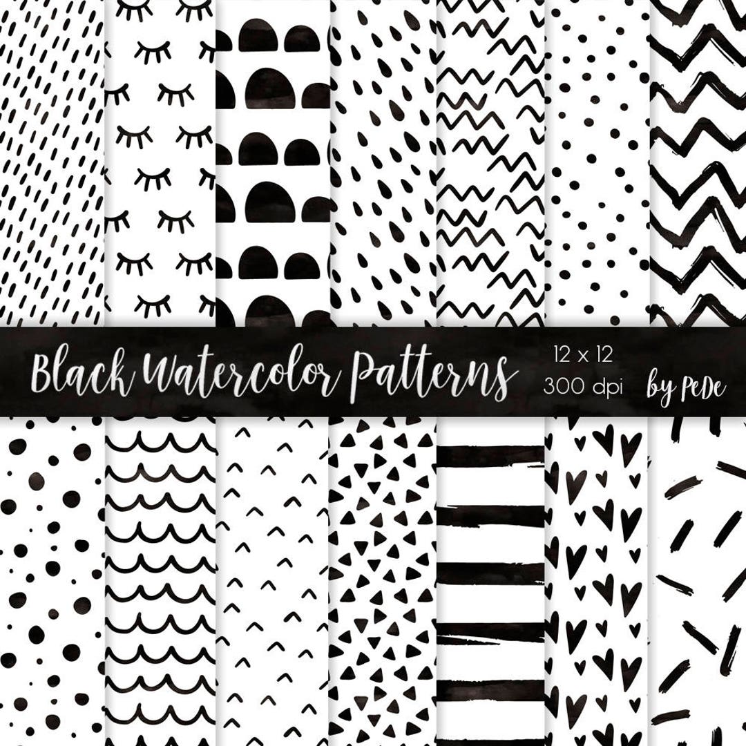 Black Watercolor Digital Papers, Watercolor Black Patterns, Hearts ...