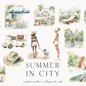 Summer in City, Watercolor Summer Clipart, Travel Graphics, Girl Png ...