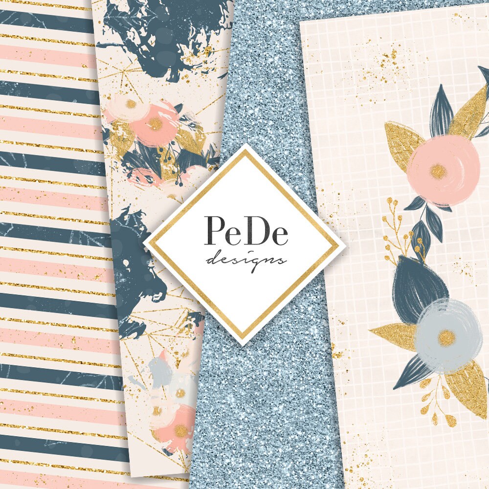 Classy Floral Digital Papers, Gold Glitter, Geometric Pattern, Hand ...