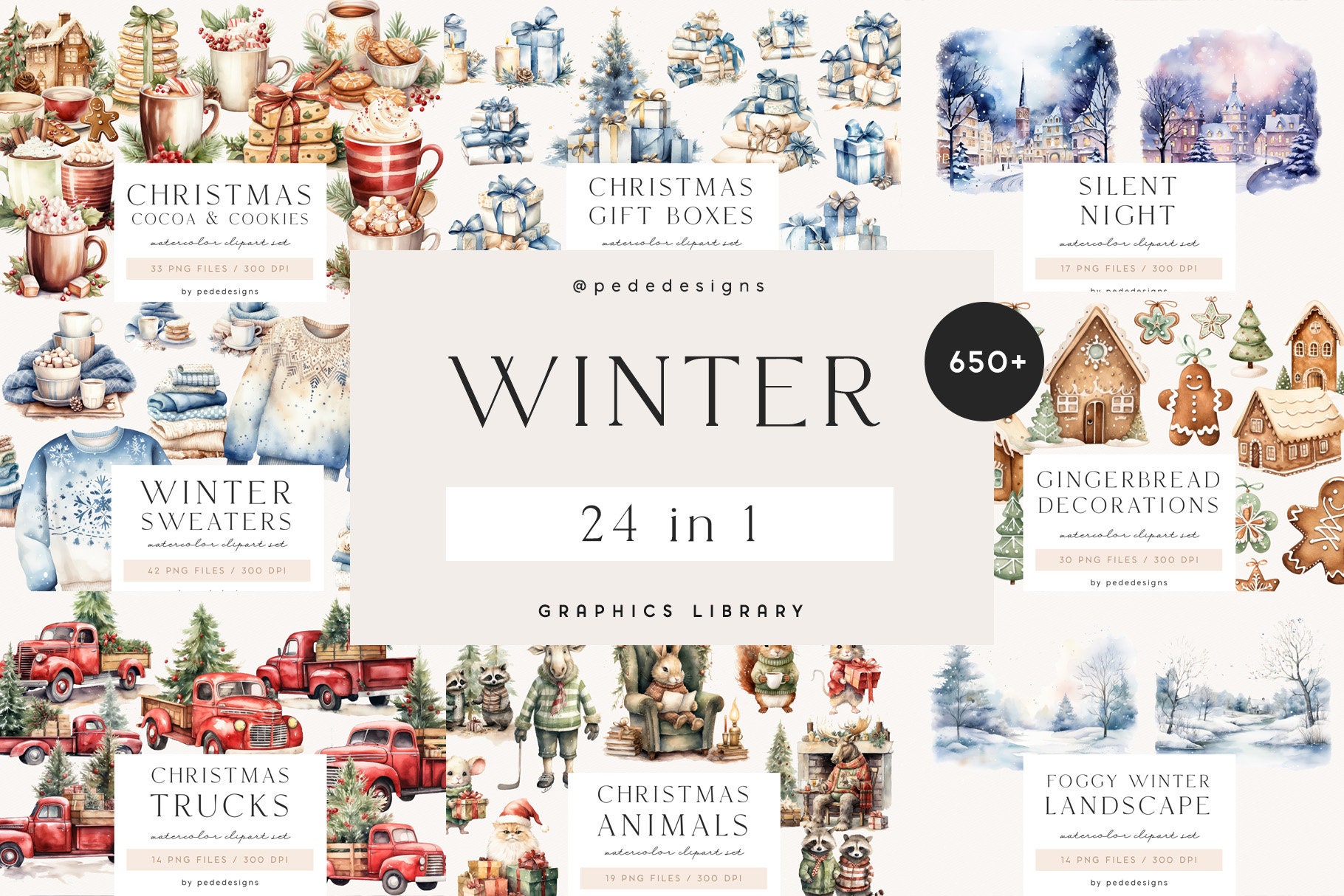 Winter Mega Bundle, Clipart Library, Watercolor Illustration, Seasonal ...