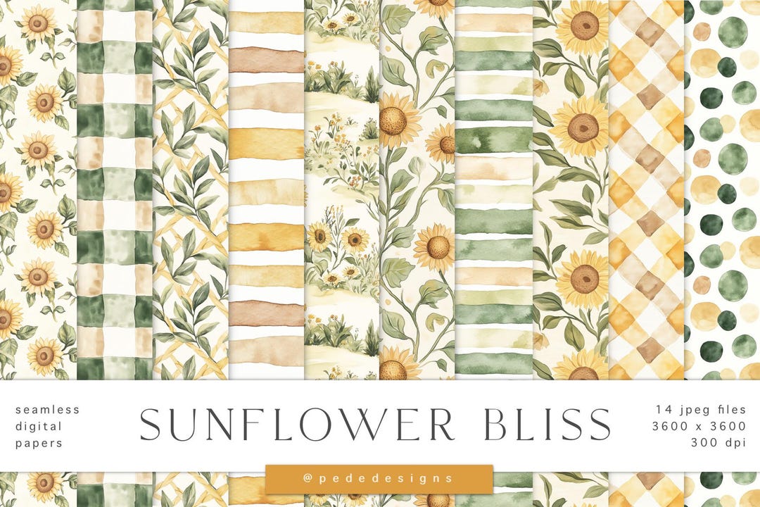 Sunflower Bliss Digital Papers, Summer Digital Papers, Yellow Repeating ...