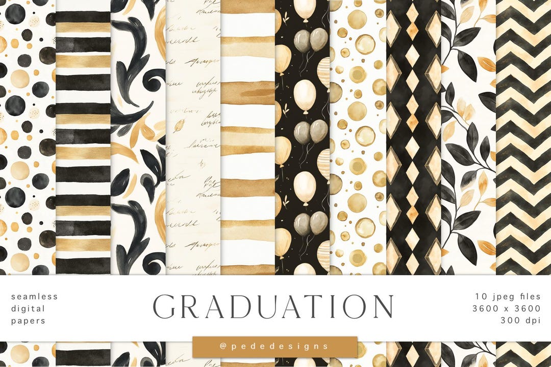 Graduation Digital Papers, Gold Digital Papers, Black Repeating Pattern ...